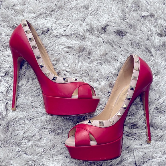 Valentino | Shoes | Valentino Rock Stud Red Peep Toe Platform Heel 37 ...